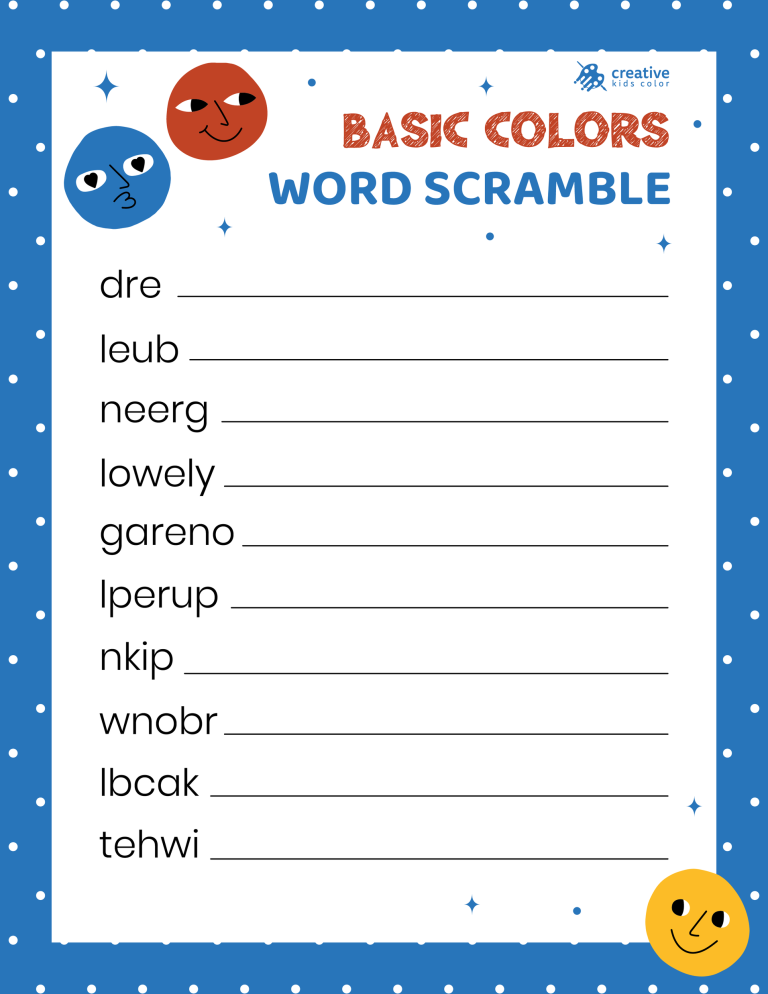 Basic Colors Word Scramble (Free Printable PDF)