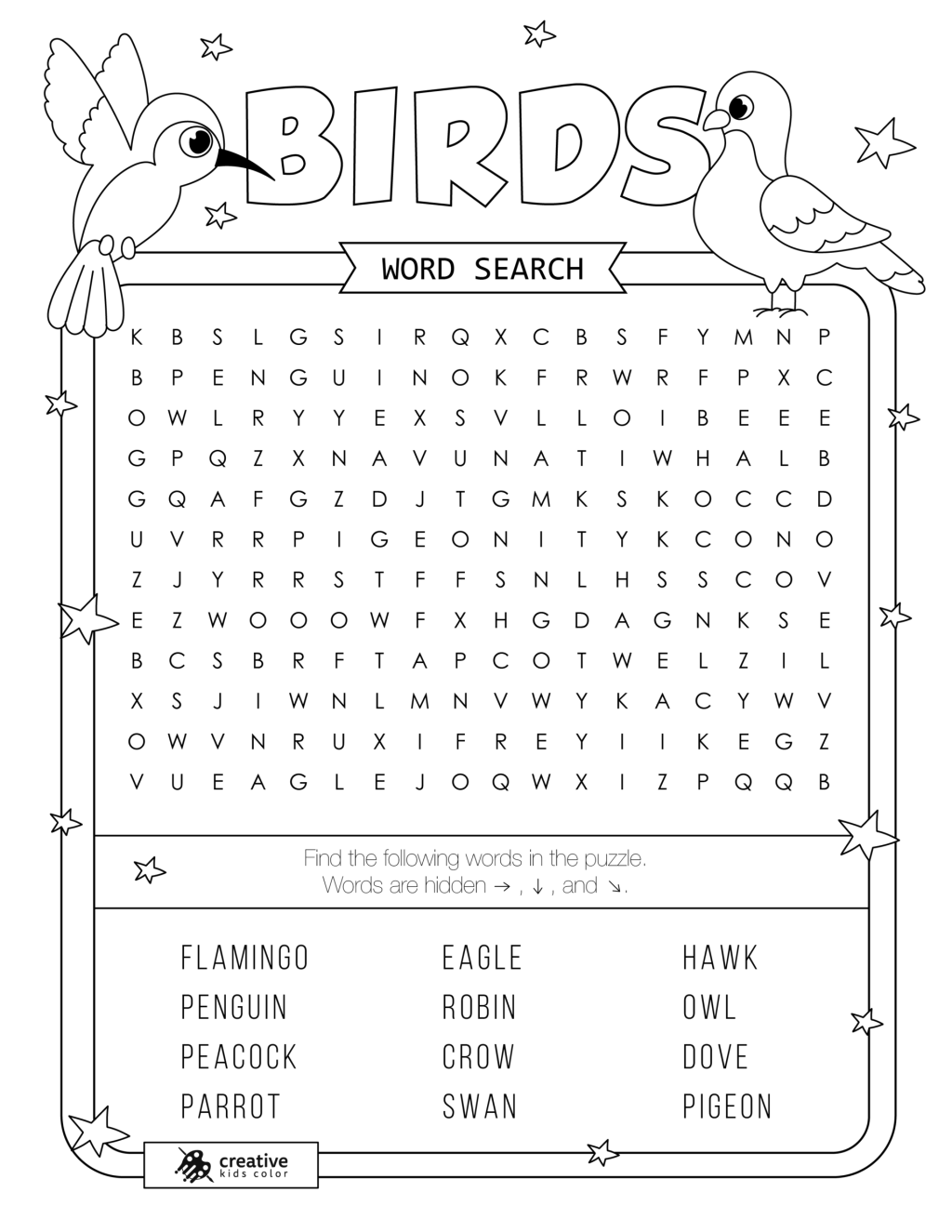 Birds Word Search Puzzle (Free Printable PDF)