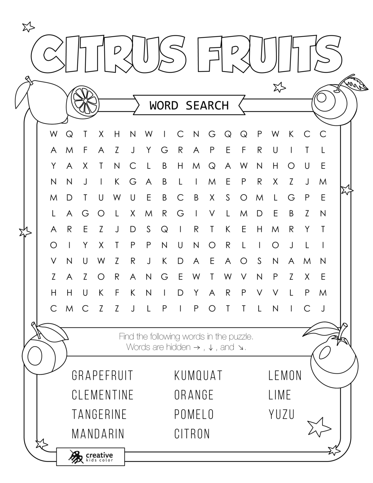 Citrus Fruits Word Search Puzzle (Free Printable PDF)