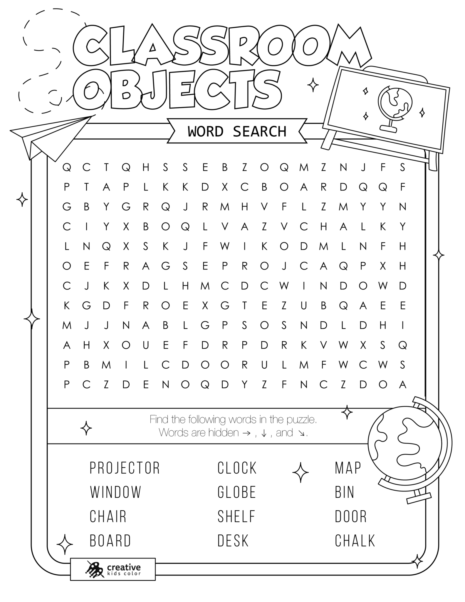 Classroom Objects Word Search Puzzle (Free Printable PDF)