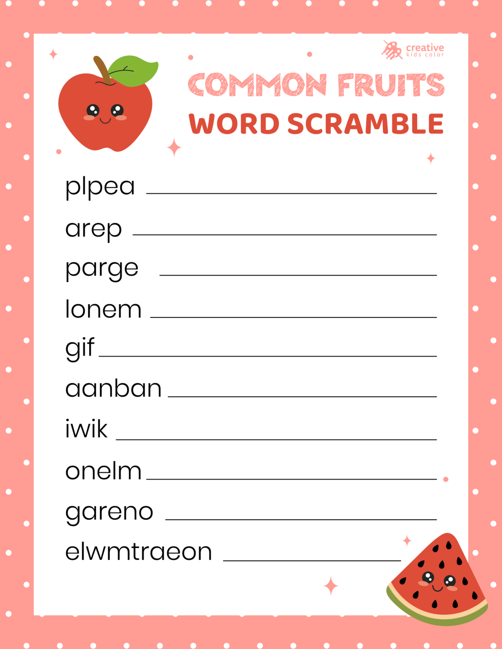 Common Fruits Word Scramble (Free Printable PDF)