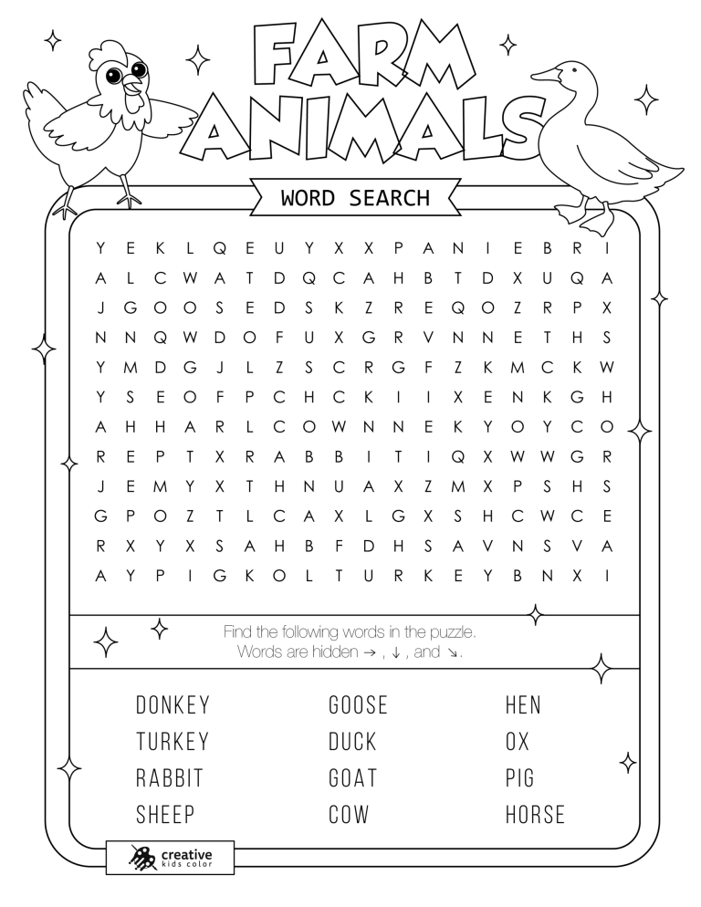 Farm Animals Word Search Puzzle (Free Printable PDF)