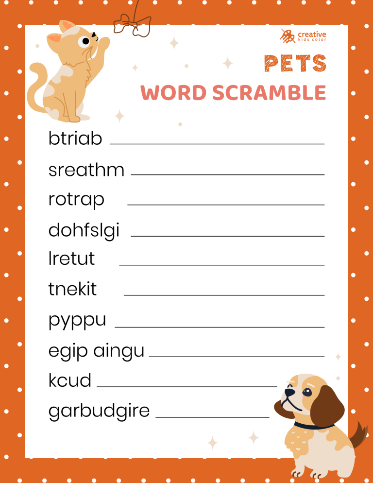 Pets Word Scramble (Free Printable PDF)