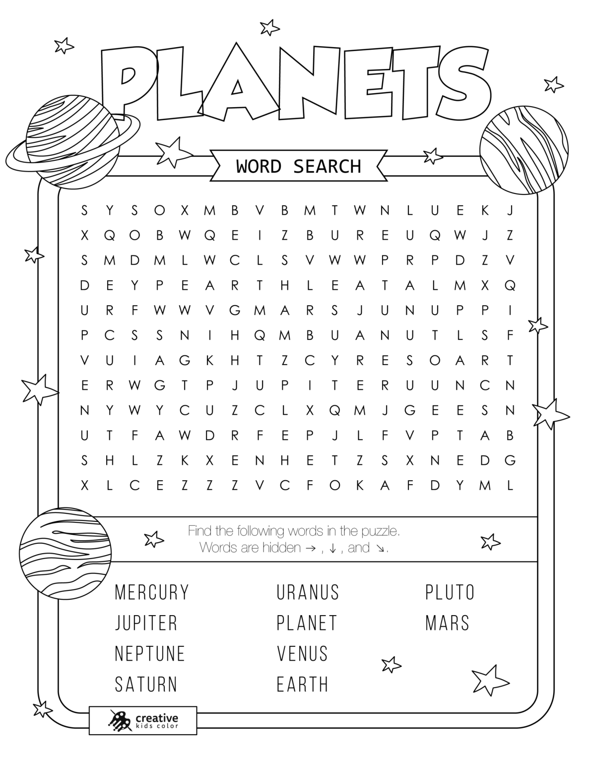 Planets Word Search Puzzle (Free Printable PDF)