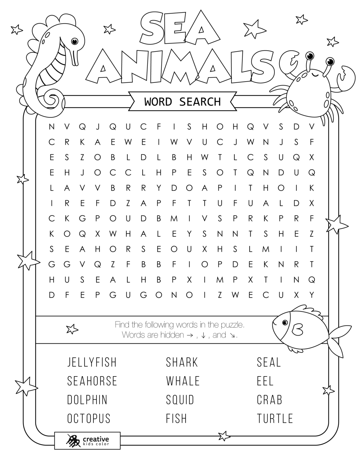 Sea Animals Word Search Puzzle (Free Printable PDF)