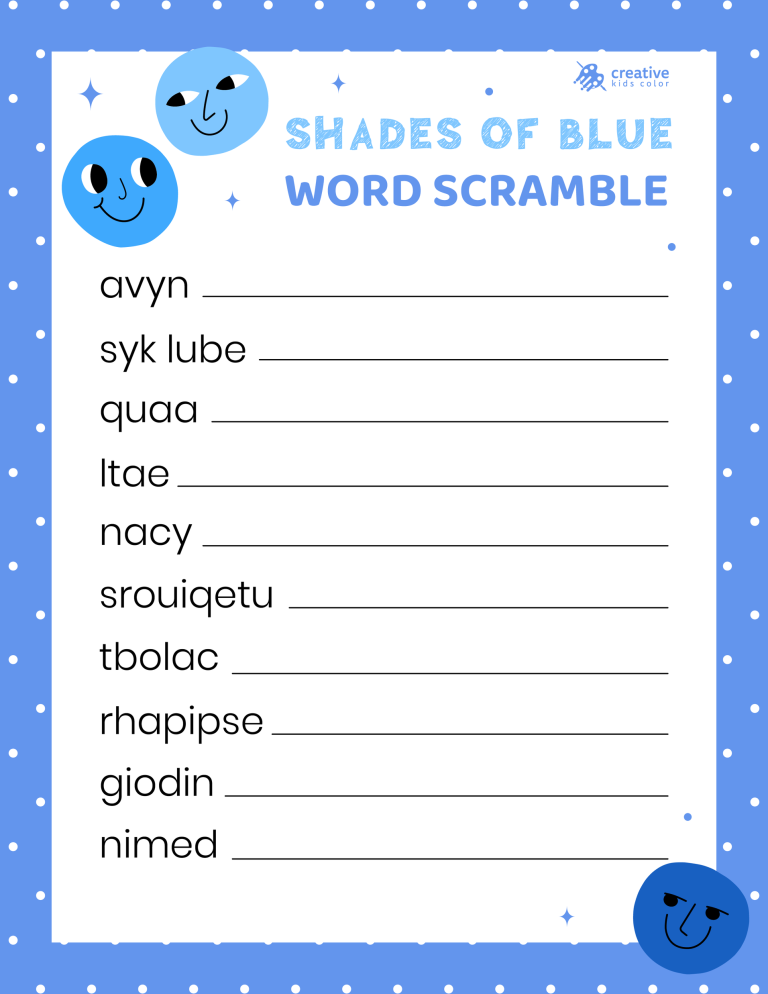 Shades of Blue Word Scramble (Free Printable PDF)