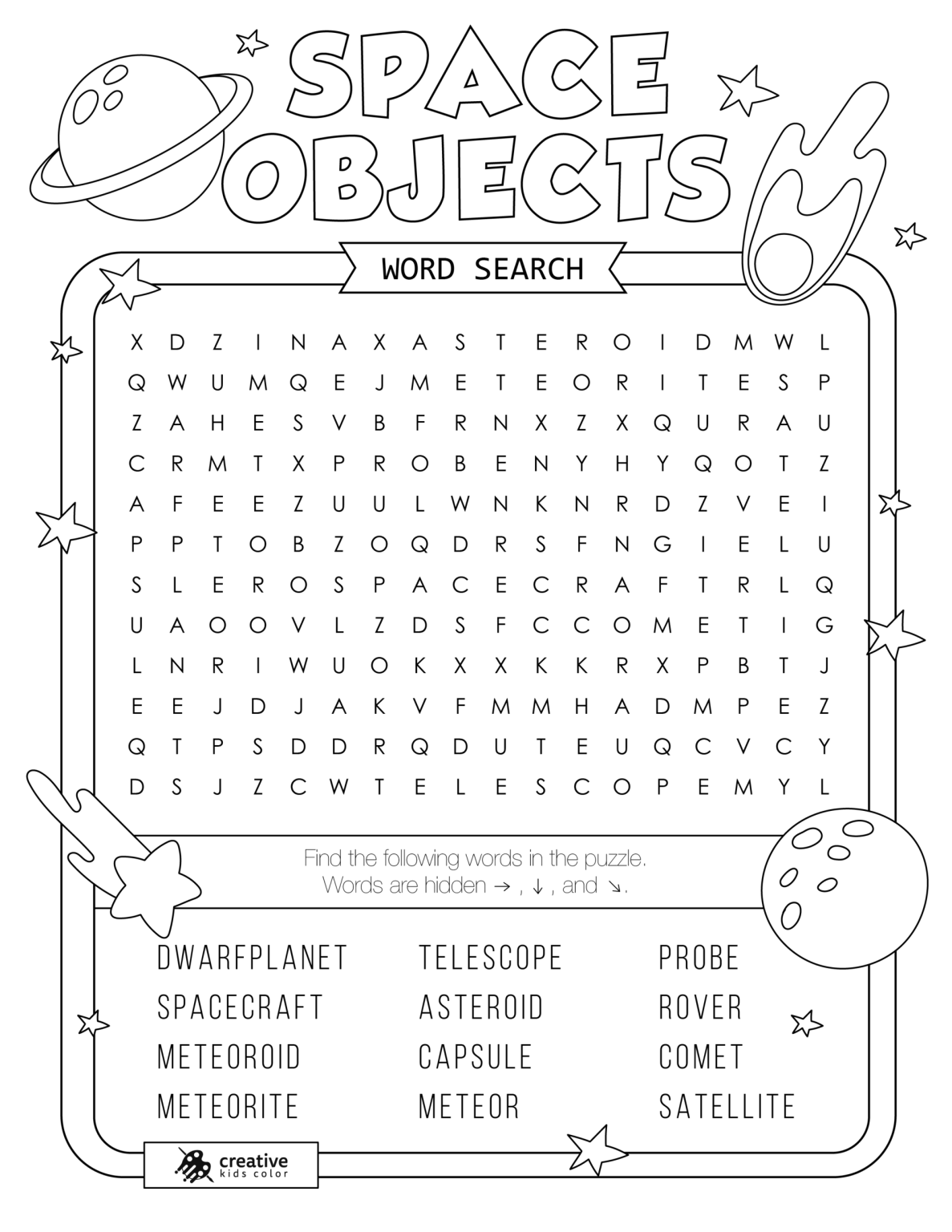Space Objects Word Search Puzzle (Free Printable PDF)