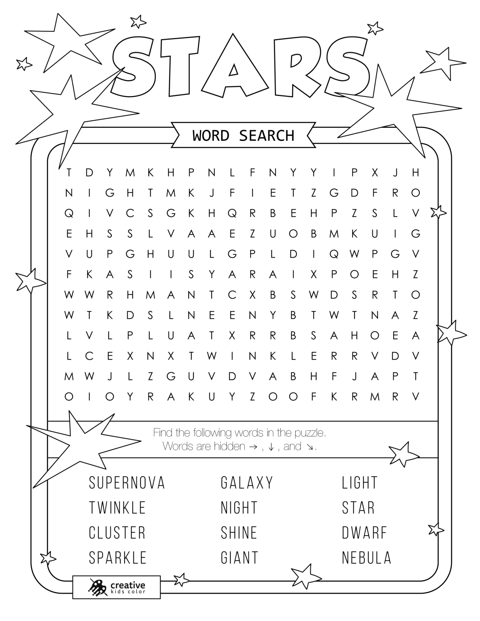 Stars Word Search Puzzle (Free Printable PDF)