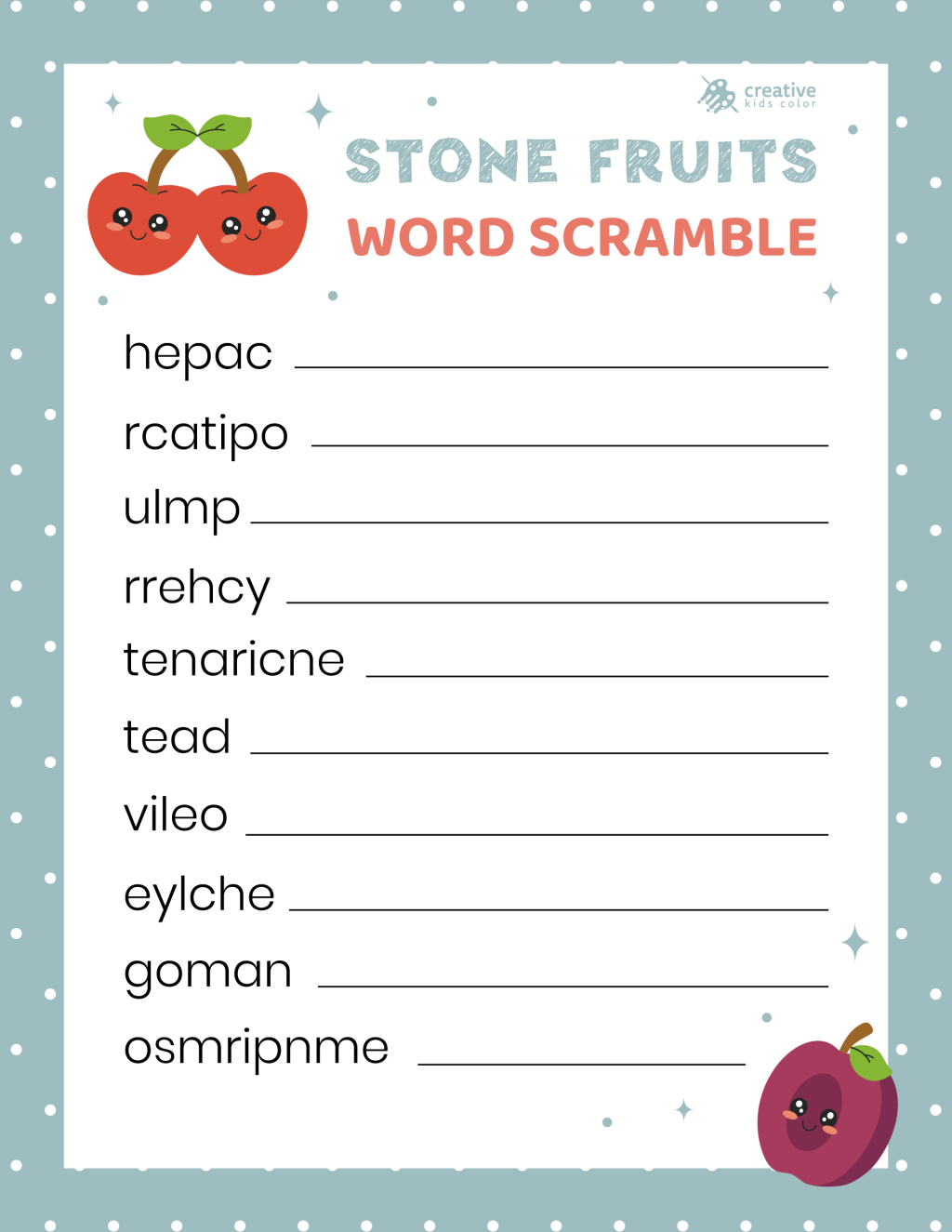 Stone Fruits Word Scramble (Free Printable PDF)
