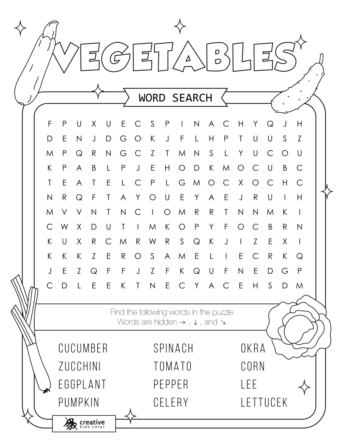Vegetables Word Search Puzzle (Free Printable PDF)