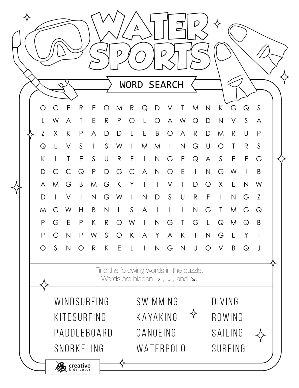 Water Sports Word Search Puzzle (Free Printable PDF)